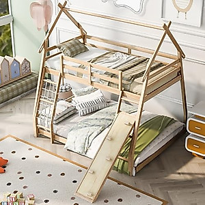 RORIGAT Twin Over Queen House Bunk Bed with Climbing Nets and Climbing Ramp, Wooden Low BunkBed Frame for Kids Boys Girls Bedroom,Natural