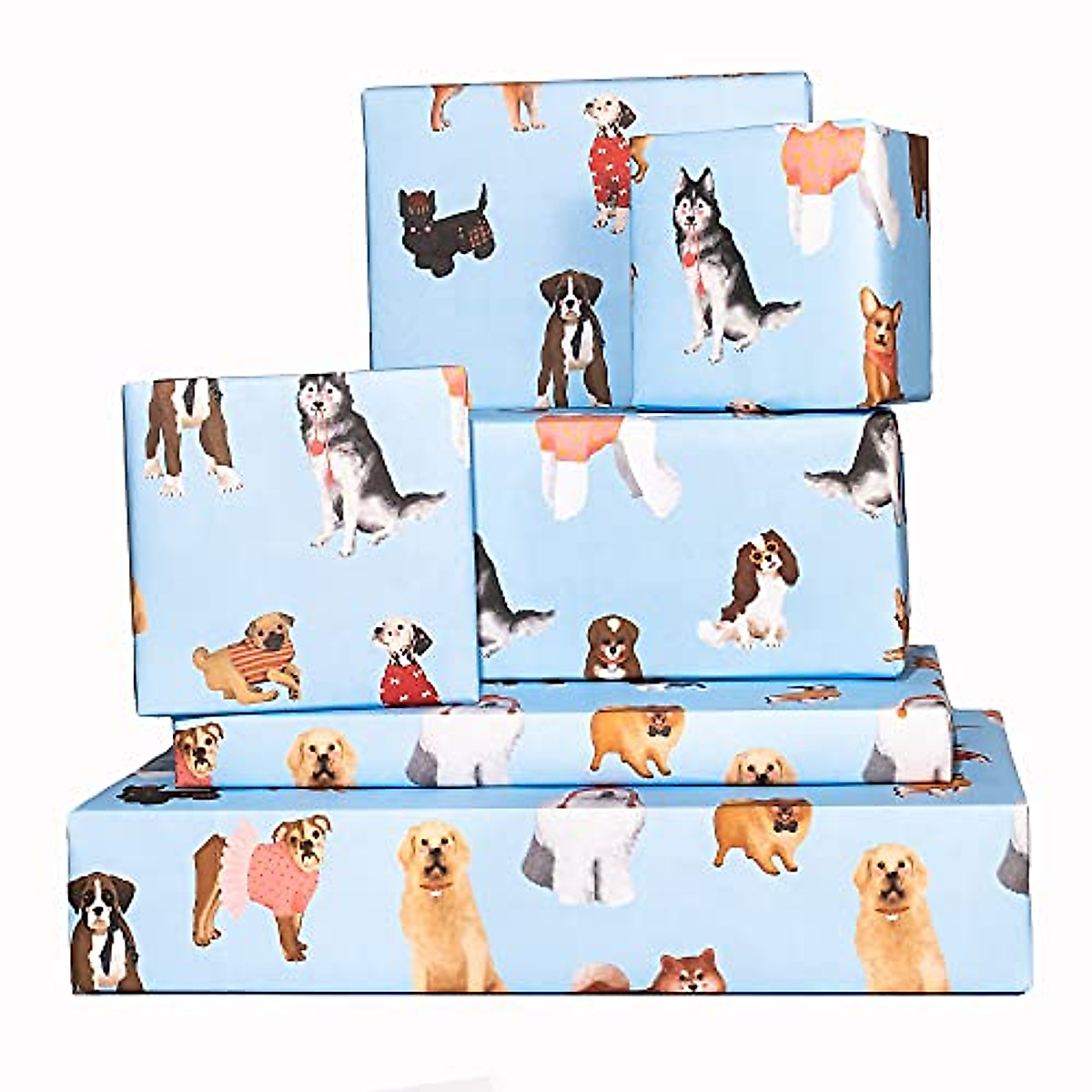 CENTRAL 23 - Blue Wrapping Paper Sheets - Puppy Dogs - 6 Gift Wrap Sheets - Birthday GiftWrap - Recyclable