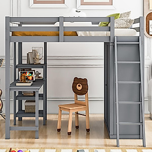 LostCat Full Size Loft Bed with Desk, Loft Bed with Wardrobes and Desk, Solid Wood Loft Bed Frame with Storage and Ladder for Teens Adults Girls Boys, No Box Spring Needed, Grey