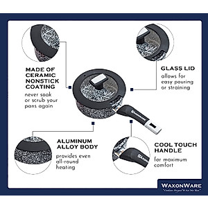 WaxonWare 1.75 Quart Ceramic Nonstick Pan with Lid - Non Toxic Nonstick Cookware, Free of APEO, PFOA, PTFE, Cadmium, & Lead - Small Sauce Pan with Lid & Bakelite Stay-Cool Handle (STONETEC Series)