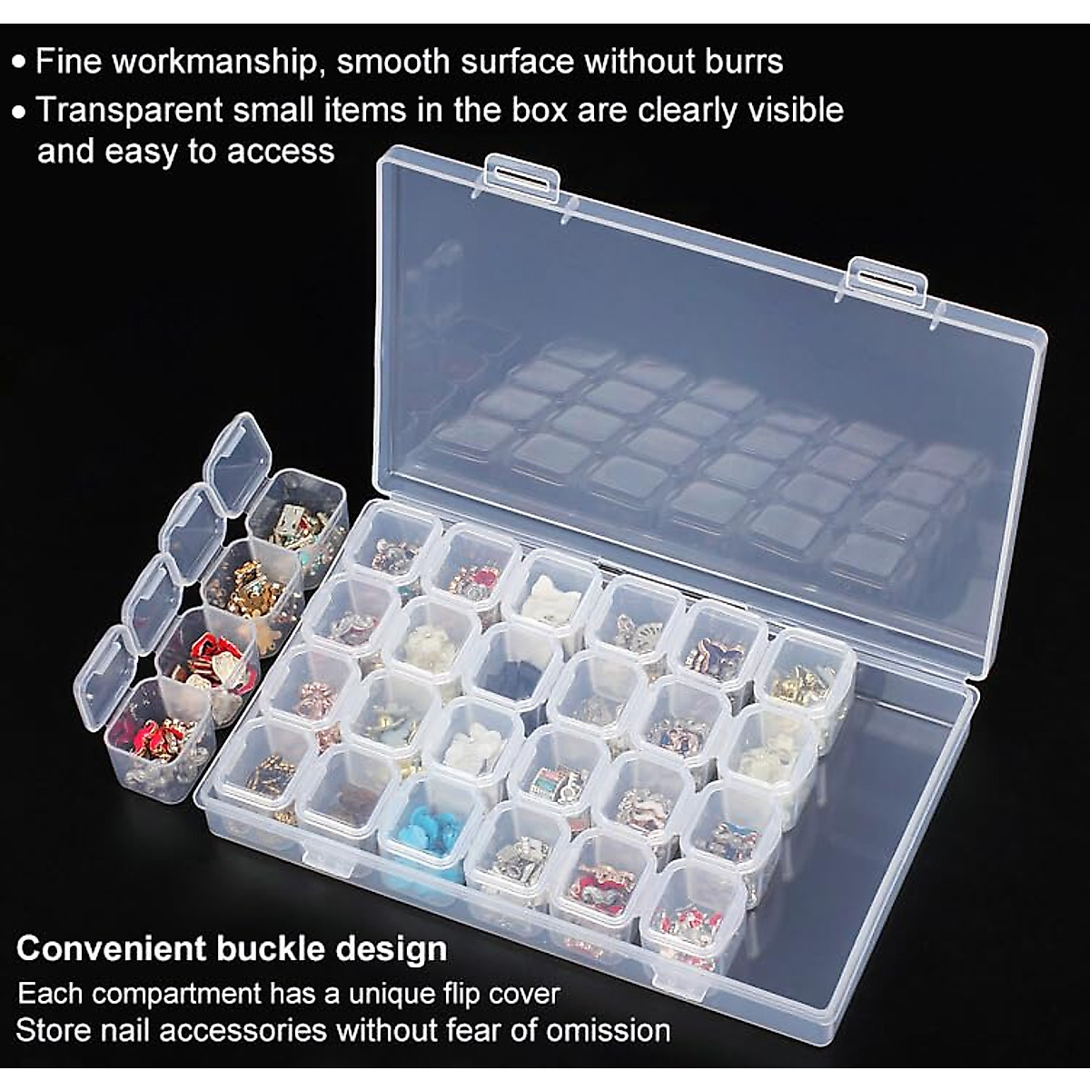 AKOAK 28-Compartment Transparent Plastic Storage Box, Separate Lid, Transparent Compartment, Nail Art Storage Box, Jewelry, Rhinestone, Beads, Screws, Organizer Container