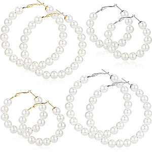 Hicarer 4 Pairs Faux Pearl Hoop Earrings for Women Large Big Drop Dangle Earrings Pearl Beaded Earrings Jewelry for Women Brides Gift