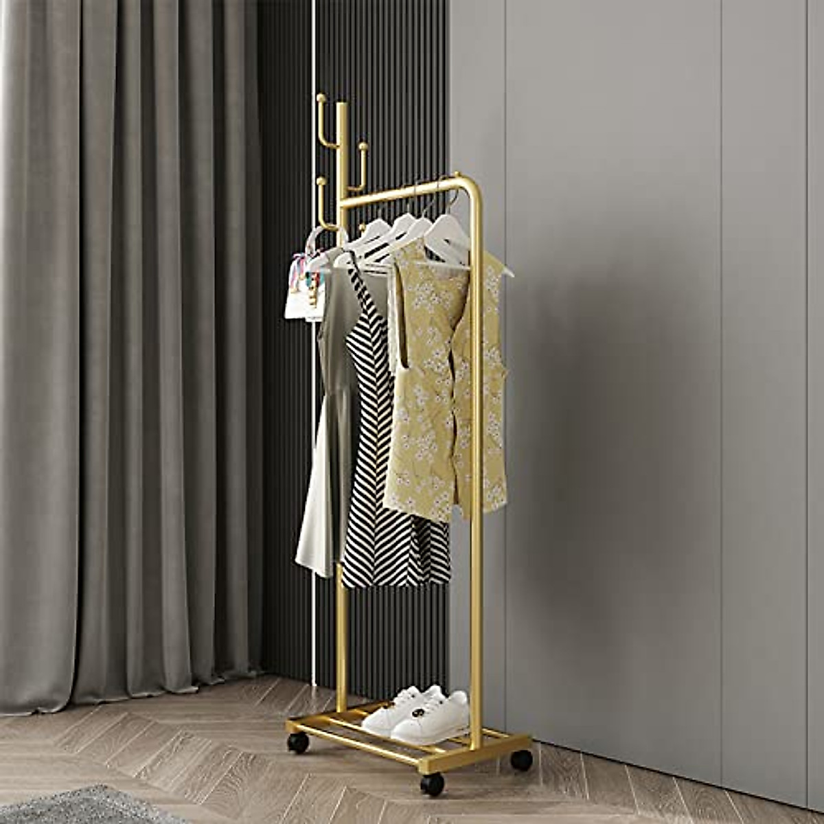 FJANKUI Clothing Garment Racks with Lockable Wheels, 3-in-1 Rolling Clothes Rack for Hanging Clothes, 5 Side Hooks and Bottom Shelves Organizing Clothes,Shoes,bags,hats(23.6in gold)