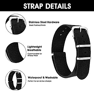 cobee Nylon Watch Straps, Durable Straps for Men/Women Replacement Military 4 Rings Watch Bands Adjustable Wrist Straps with Silver Metal Buckle 18mm/20mm/22mm Lug Width (18mm, Black)