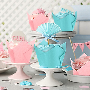200 Pcs Tulip Cupcake Liner for Baking Pink and Blue Cupcake Liner Tulip Baking Cups Greaseproof Paper Cupcake Wrappers Baby Shower Muffin Liner for Team Girl Boy Gender Reveal Party Supplies