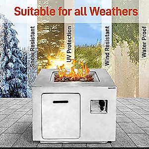 Outdoor Propane Fire Pit Table - CSA/ETL Certified Safe 40,000BTU Pulse Ignition Weatherproof Square Propane Gas Fire Table - Adjustable Flame, Thermocouple - PVC Cover, Lava Rock-SereneLife SLFPCN42