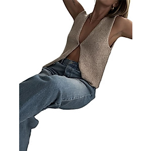 Women Crochet Knit Vest Solid Hollow Out Button Down V Neck Sleeveless Crop Tops Vintage Casual Versatile Streetwear