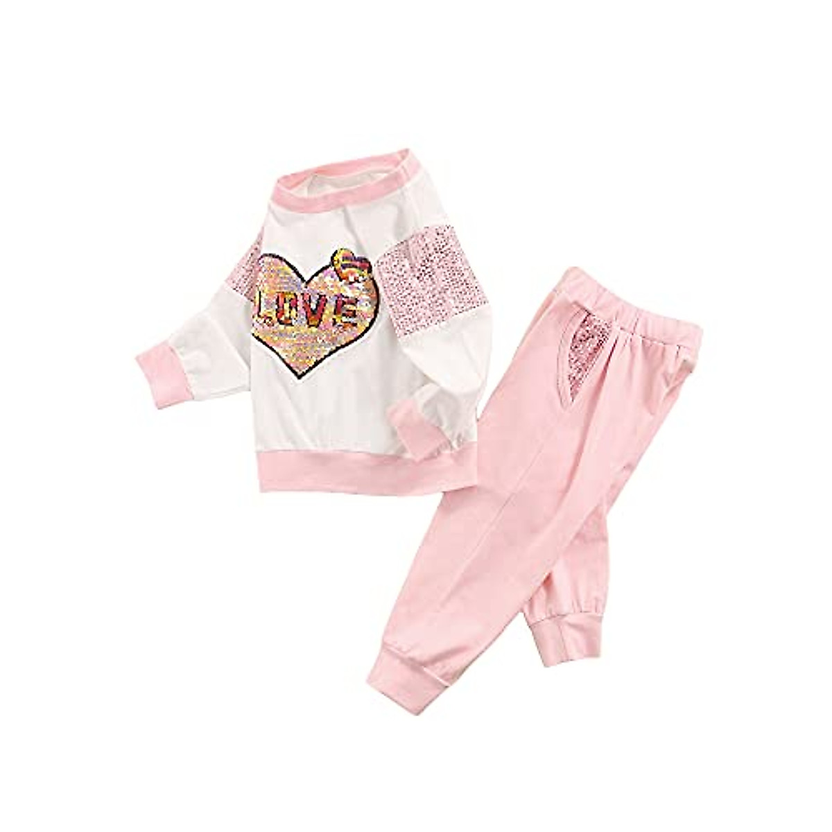 Inevnen Toddler Baby Girl Clothes Love Heart Leopard Sequin Pullover Top and Pants Set 2pcs Fall Winter Outfits (Pink, 5-6 Years)
