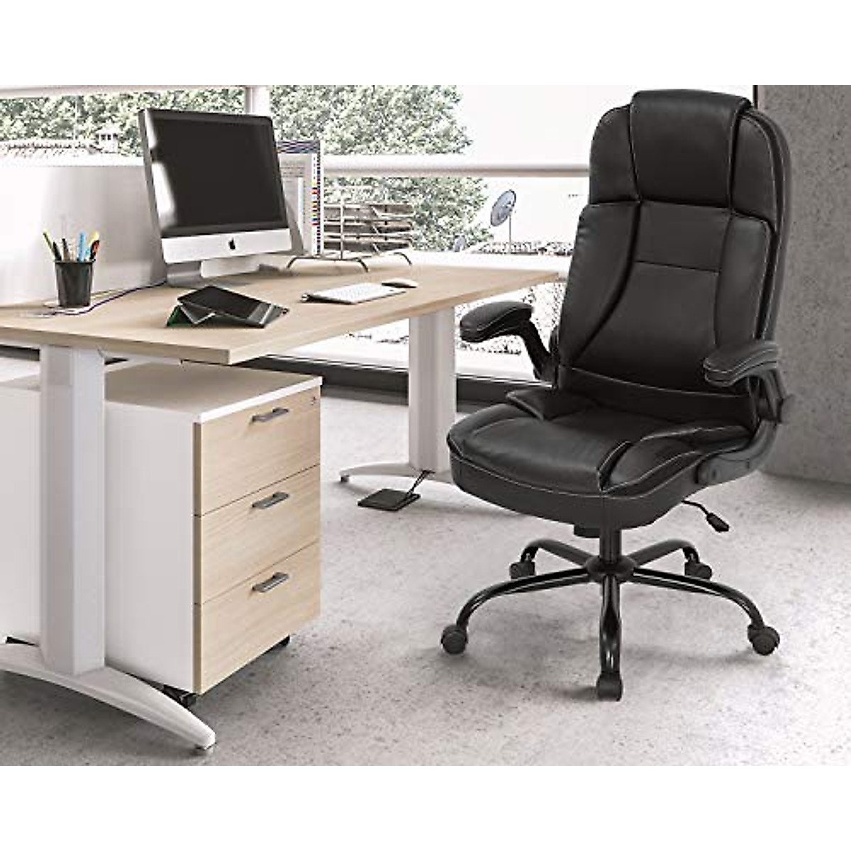 Office Chair Ergonomic Desk Chair PU Leather Computer Chair with Lumbar Support Flip up Armrest Task Chair Rolling Swivel Executive Chair(Black)