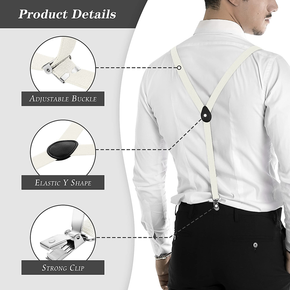 ULEEMARK White Suspenders for Women Adjustable Buckle with Strong Clip White Bow Tie,Elastic Y Shape White suspenders for men for Wedding