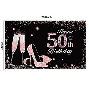 Excelloon Happy 50th Birthday Banner Backdrop Decorations for Women, Rose Gold Happy 50 Year Old Birthday Party Poster Supplies Photo Props, Fifty Birthday Party Decor Sign (6 X 3.6ft)