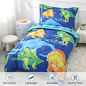 Wowelife Dinosaur Toddler Bedding Set Blue Toddler Bedding Sets for Boys, Premium 4 Piece Toddler Bed Set Dinosaur, Blue Toddler Comforter Set, Super Soft and Comfortable