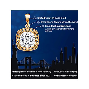 Gem Stone King 10K Yellow Gold 8MM Cushion Gemstone Birthstone and White Diamond Accent Necklace | Gold Pendant Necklace For Women