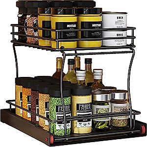 Pull Out Spice Rack Organizer for Cabinet,Under Sink Storage Organizer ,2 Tier Slide Out Storage Shelf for Kitchen Pantry Closet (L, Black)