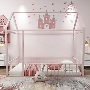 Twin Size Pink Floor Bed Frame with Safety Fence and Door, Metal Montessori Bed Toddler Floor Bed for Kids Girls Boys,Twin House Floor Bed Frame with Roof, No Box Spring Needed (Pink)