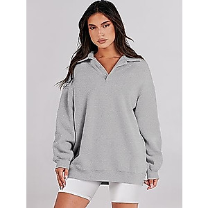 Caracilia Womens Oversized Sweatshirts Fleece Cute Pullover Long Sleeve Dressy Casual Shirts Comfy Hoodie Fall Tops Lightweight Buttons Down Sweatshirt 2023 Fashion Clothes C113A8-huahui-L Grey