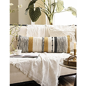 BlissBlush Decorative Lumbar Throw Pillow Cover 14x36 Boho Long Cushion for Bed Mustard Beige Accent Farmhouse Pillowcase for Bedroom Living Room Couch Sofa Home Décor COVER ONLY