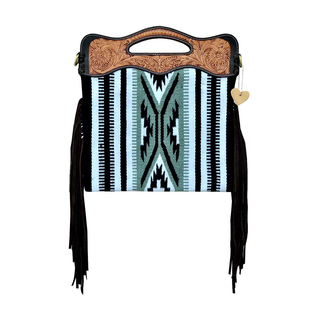 Affilare Western Bag Saddle Blanket Bag Leather Crossbody Shoulder Bag with Fringes With Leather Hand Tooled carved Panels Black Grey and White 20AB005