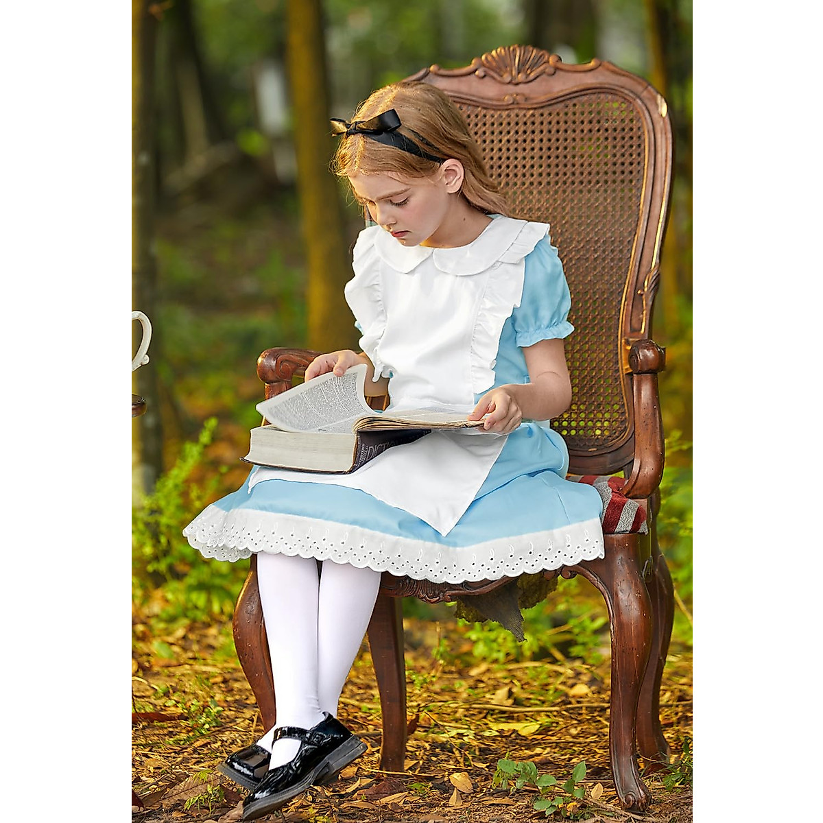 Halloween Child Girls Alice Outfit Puff Sleeve Casual Ruffle Trim Midi Dresses with Headband Blue 10 Years