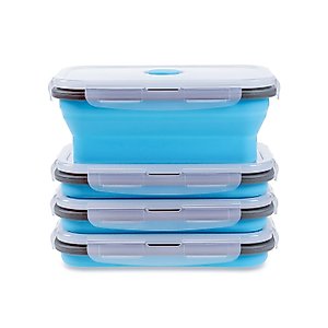 Annaklin Collapsible Food Storage Containers with Airtight Lid & Vent Valve, 27 oz, Kitchen Stacking Silicone Collapsible Meal Prep Container Set for Leftover, Microwave Freezer Safe, Blue, Set of 4
