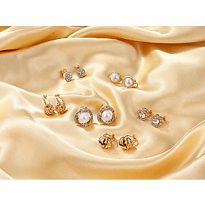 HAIAISO 6 Pairs Clip On Earrings Cubic Zirconia Pearl Knot Twist Clip On Earrings Non Pierced for Women Clip Earrings Set