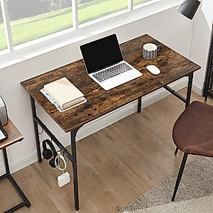 VECELO 44" Computer Writing Desk for Home Office, Study Table Workstation for Small Spaces with 6 Hooks & Adjustable Legs, Metal Frame,Brown, 44Inches