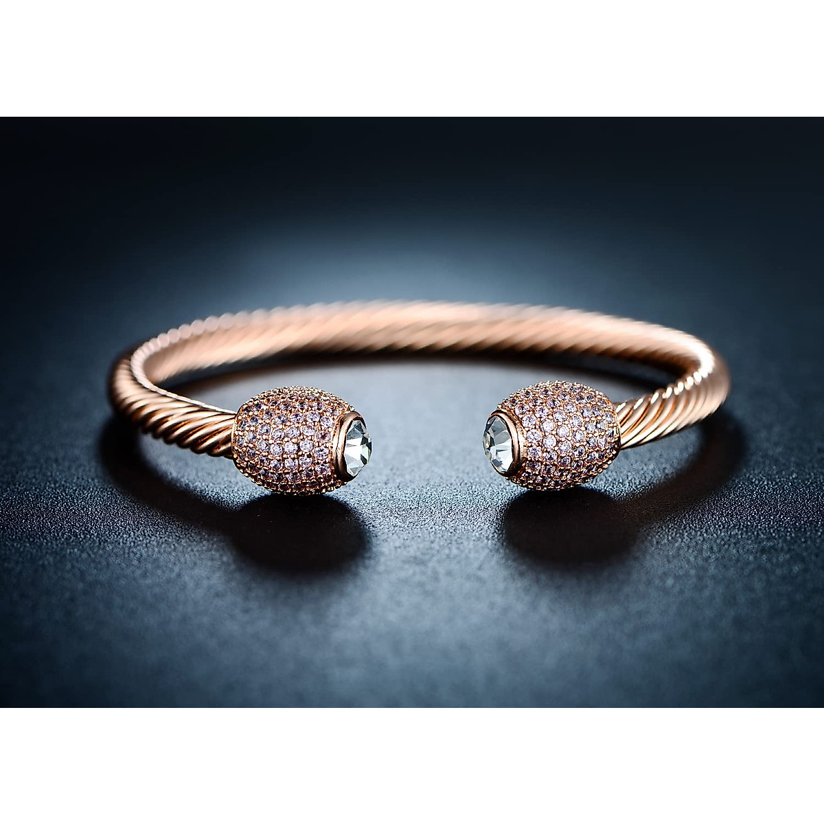 Barzel 18K Gold Plated Crystal Cable Bangle Bracelet For Women - Cuff Bangle Bracelet (Rose Gold)