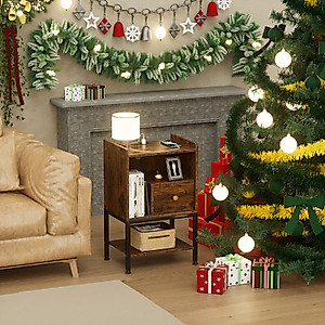 Gannyfer Nightstand with Charging Station,Night Stand with USB Ports and Storage Drawer,Modern 3-Tier End Side Table,Small Wood Bedside Table for Bedroom,Living Room (Brown)