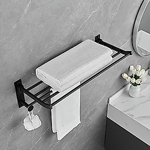 JunSun Foldable Towel Rack with Towel Bar 24-Inch Stainless Steel Multifunctional Bathroom Towel Shelf Towel Holder Modern Towel Hanger Bathroom Accessories Storage Shelf Wall Mounted Matte Black