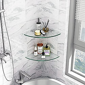 VeeCano 4 Pack Glass Corner Shower Shelf Bathroom Corner Shelves Wall Mounted Tempered Glass Shower Caddy Corner Shelf for Inside Tile Shower Organizer Shampoo Bottle Holder 9.4" R
