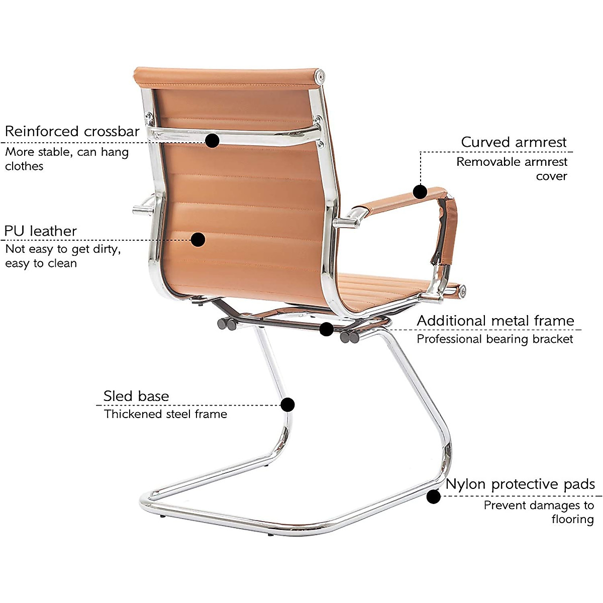 Guyou Office Reception Guest Chairs Set of 6 Mid Back PU Leather Metal Leg Sled Base Conference Reception Room Chairs with Arms (Sandy Brown, 6 PCS)