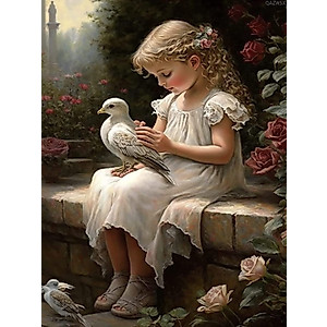 QAZWSX Angel Girl DIY Christmas Diamond Painting, Roses 5D Diamond Art, White Pigeon Full Round Diamond Art Kits for Adults Kids for Wall and Home Decor Christmas New Year Gift 12x16 inch