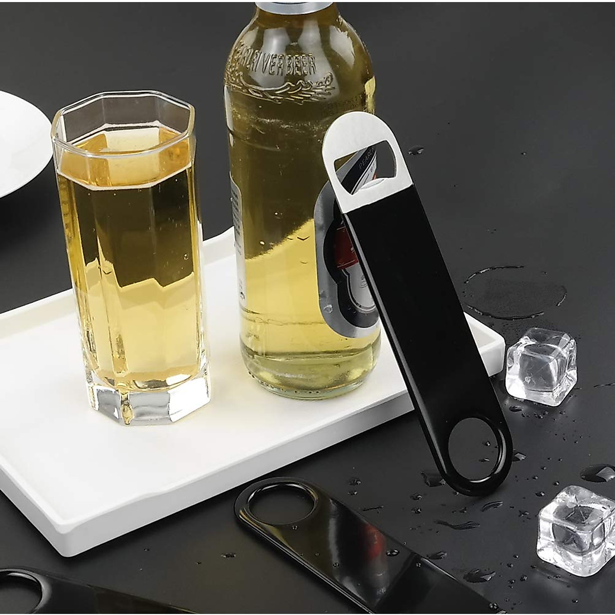 Saedy 3 Pcs Rubber Flat Bottle Opener, Bartender Bar Flade Speed Opener Stainless Steel, 7 Inch, Black