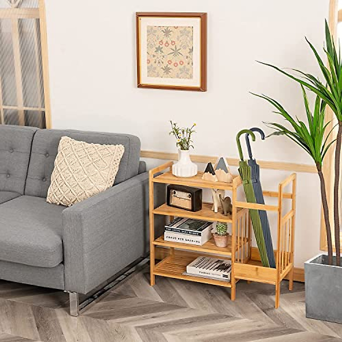 LUARANE 4-Tier Shoe Rack with Umbrella Stand, Free Standing Entryway Organizer with Bamboo Frame, Multifunctional Shoe Shelf for Entryway Hallway Living Room Staircase