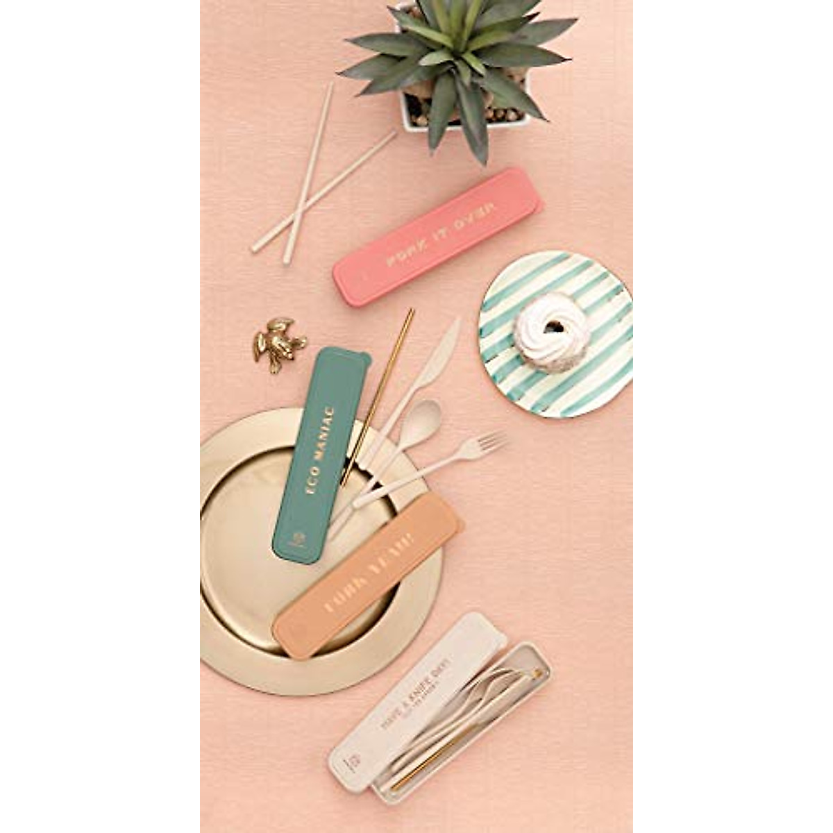 Designworks Ink Reusable Cutlery Set Utensils for Lunch Box, 7-Piece, Forest Green - Eco Maniac Plastic Flatware with Forks, Spoon, Knife, Chopsticks, Metal Straw in Portable Travel Case