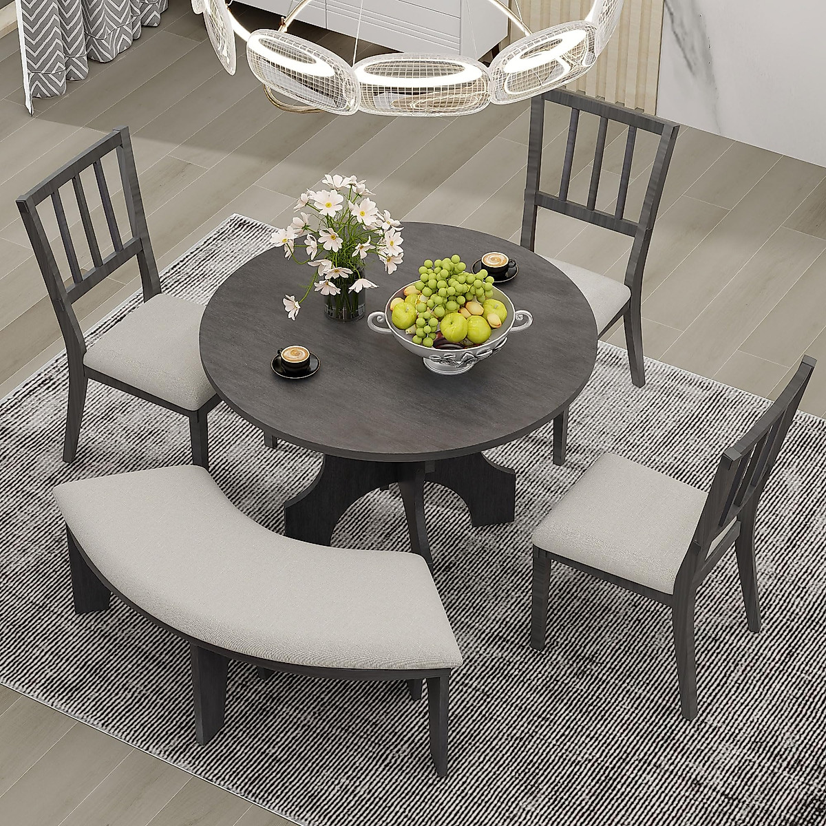 FIQHOME Kitchen Room Retro 5-Piece Set, 44'' Wood Round Dining Table with Curved Bench & 3 Upholstered Chairs and Special-Shaped Legs, 4-5 People,Grey, Gray