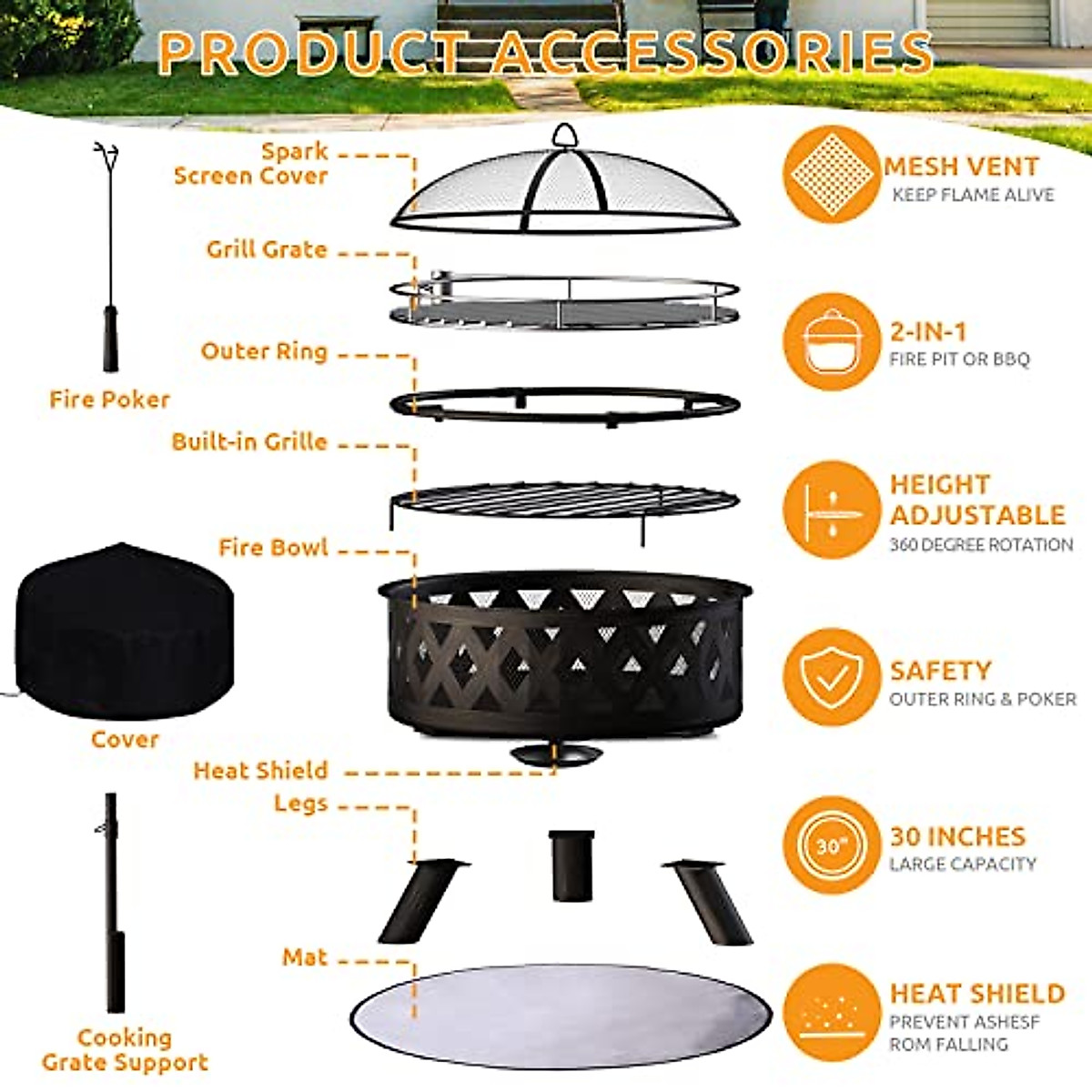 Amopatio Fire Pit with Mat & Cover, 30 Inch Large Outdoor Wood Burning Fire Pits, Patio Backyard Firepit with Steel BBQ Grill Cooking Grate, Spark Screen & Poker for Garden, Bonfire, Camping, Picnic