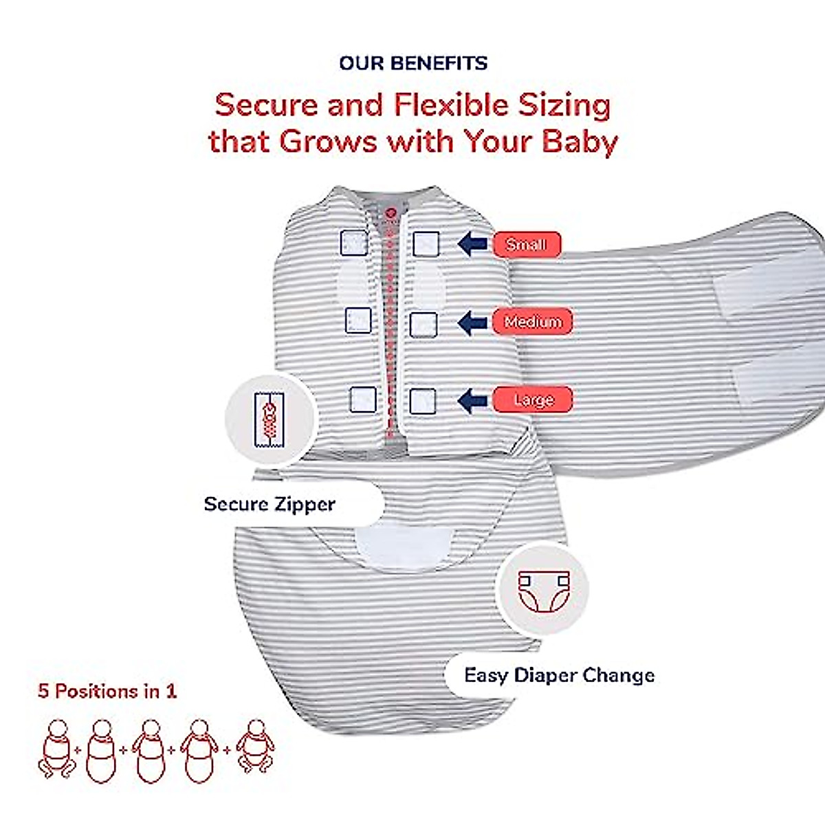 embé 2-Way Starter Baby Swaddle, 6-14 lbs, Newborn Swaddle Sack 0-3 Months, Zip & Hook and Loop Fastener Swaddle 0-3 Months Baby Swaddles Wrap, Hip Healthy, Infant Swaddle - Grey Stripe