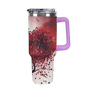 LLUTSNTH 40 Oz Vacuum Tumbler with Violet Handle Leakproof Insulated Tumbler Red Love Heart Tree Stainless Steel Travel Mug with Lid And Straw Coffee Cup Cute Water Bottles Cup Holder Friendly