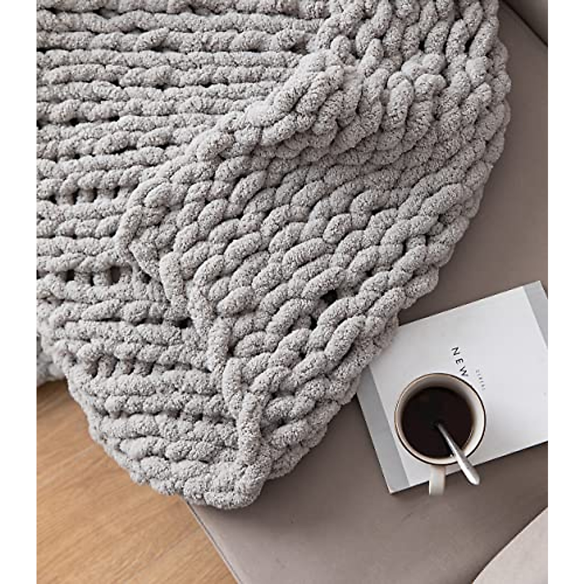 Chunky Knit Blanket Soft Chenille Yarn Knitted Throw Blanket 50"X60" Handmade Cable Warm Thick Giant Blanket for Couch Bed Trips (Light Grey, Throw 50"X60")