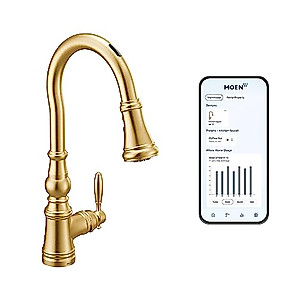 Moen Weymouth Brushed Gold Smart Faucet Touchless Pull Down Sprayer Kitchen Faucet with Voice Control and Power Boost, S73004EVBG