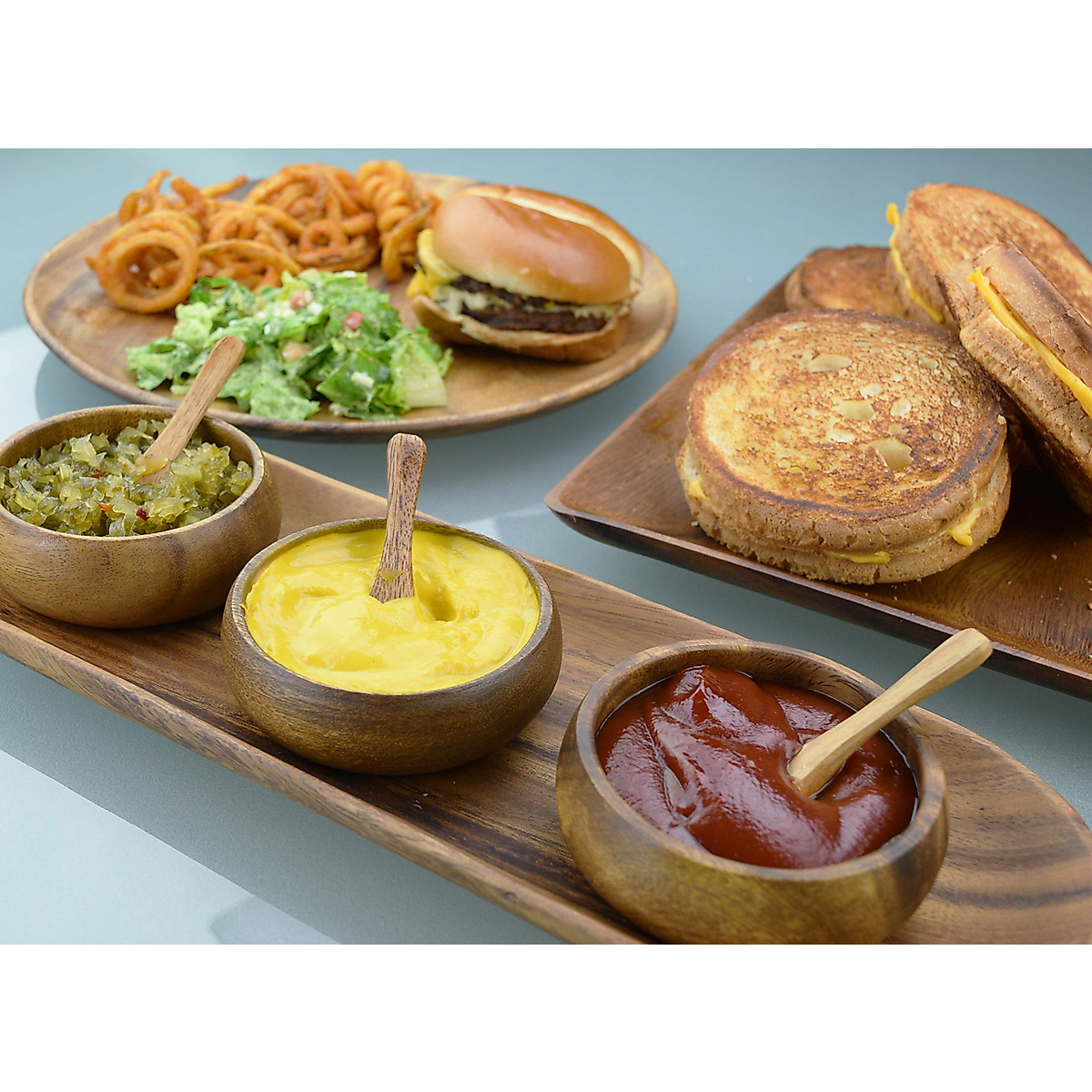 Pacific Merchants Acaciaware Set, 16-Inch Baguette Tray with 4-Inch Dipping Bowls