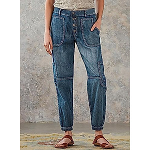 Sidefeel Women Cargo Jeans Button Fly Multi Pockets Denim Jogger Pants Blue Size 18