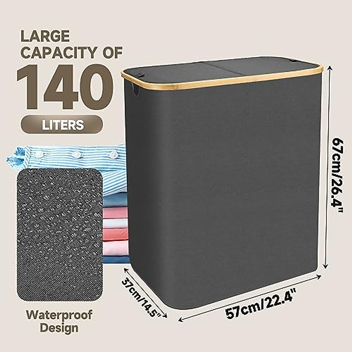 Zomhusea Double Laundry Basket with Lid - 140L Divided Laundry Hamper 2 Section with Removable Bags,Foldable Dirty Clothes Basket with Bamboo Handles - Bathroom,Dorm,College Large Hampers for Laundry