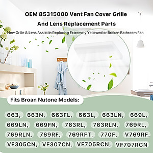 85315000 Vent Fan Cover Grille And Lens Replacement Parts for Nutone Bathroom Ventilation Plastic Cover,Bathroom Fan Exhaust Fits Broan-Nutone 663,663N,663FL,663LN,669L,669LN,669FN,770F,763RLN,769RLN