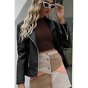 Giolshon Faux Leather Casual Short Jacket for Women, Moto Biker Coat for Spring Fall and Winter 53 Black M