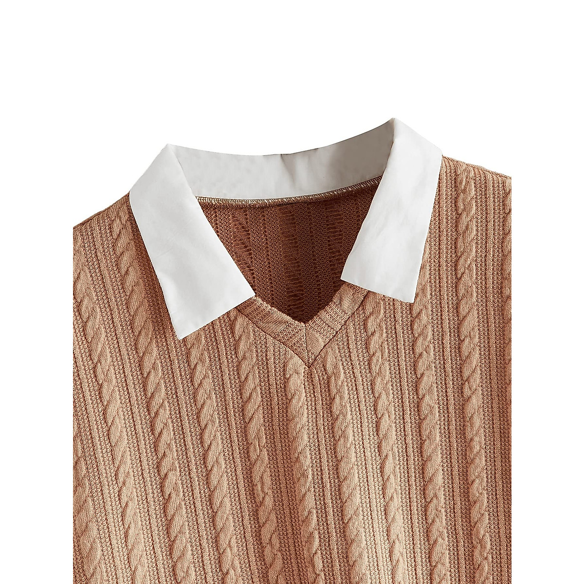 SweatyRocks Women's Collar Long Sleeve Shirt Ribbed Knit 2 in 1 Blouse Crop Top Sweater Shirt Top Cemel L