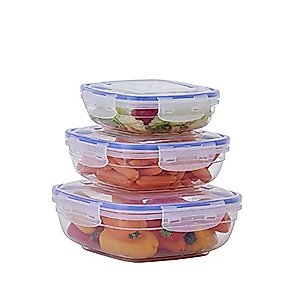 Superio Square Sealed Containers For Food, Set of 3 - Durable Plastic Containers With Lids, Leak Free