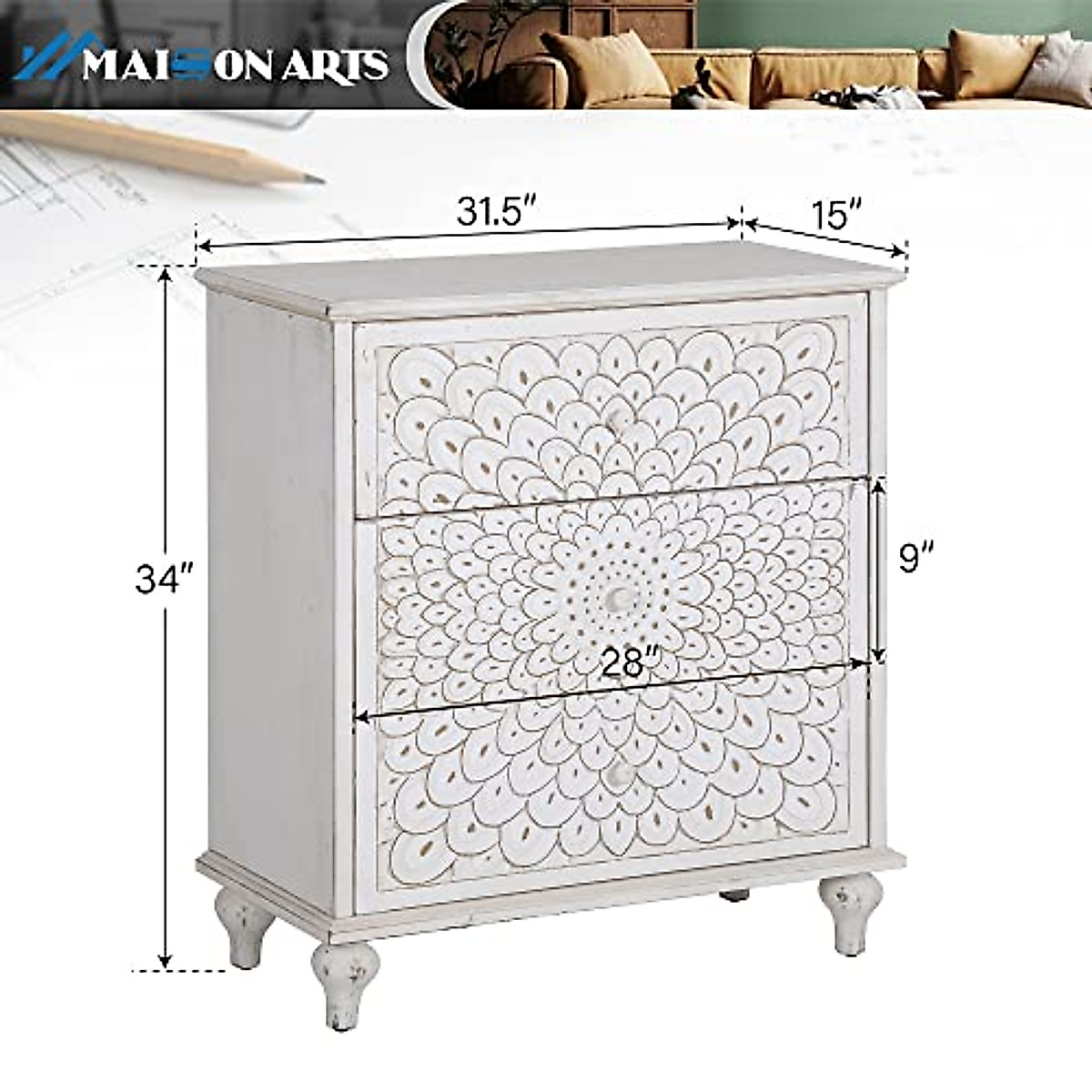 MAISON ARTS Dresser for Bedroom with 3 Drawers, Retro White Chest of Drawers Solid Wood Frame Farmhouse Accent Storage Cabinet for Bedroom Living Room Hallway Entryway Closet