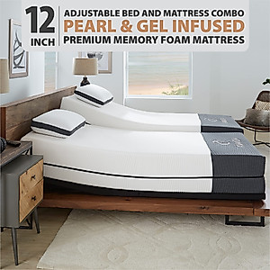 Blissful Nights Ananda 12" Pearl and Cool Gel Infused Memory Foam Mattress with Premium Adjustable Bed Frame Combo, Head Tilt, Massage, USB, Zero Gravity,Anti-Snore … (Split King)